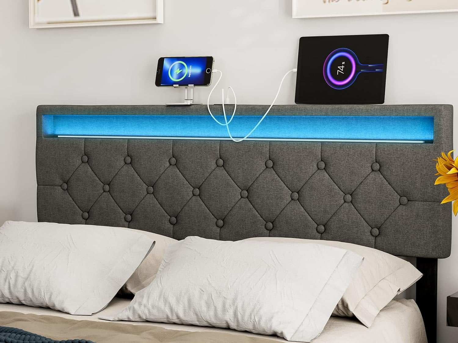 IKIFLY Upholstered Full Size Headboard with LED Lights & 2 USB Ports ...