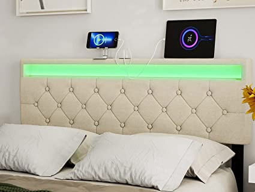 IKIFLY Upholstered Full Size Headboard with LED Lights & 2 USB Ports ...