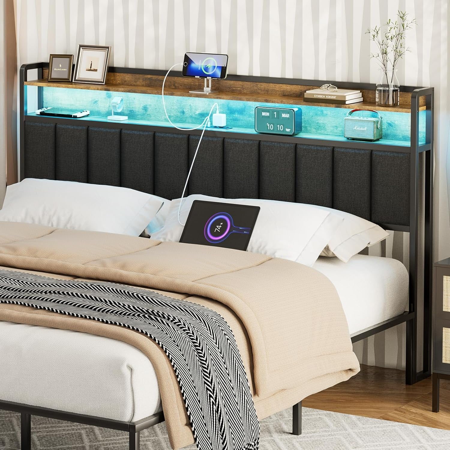 IKIFLY King Size Upholstered Headboard with Storage, LED Lights ...