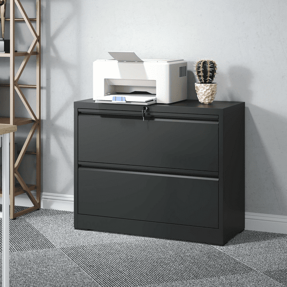 Black 2-Drawer Lockable Lateral File Cabinet - Steel Wide Horizontal ...