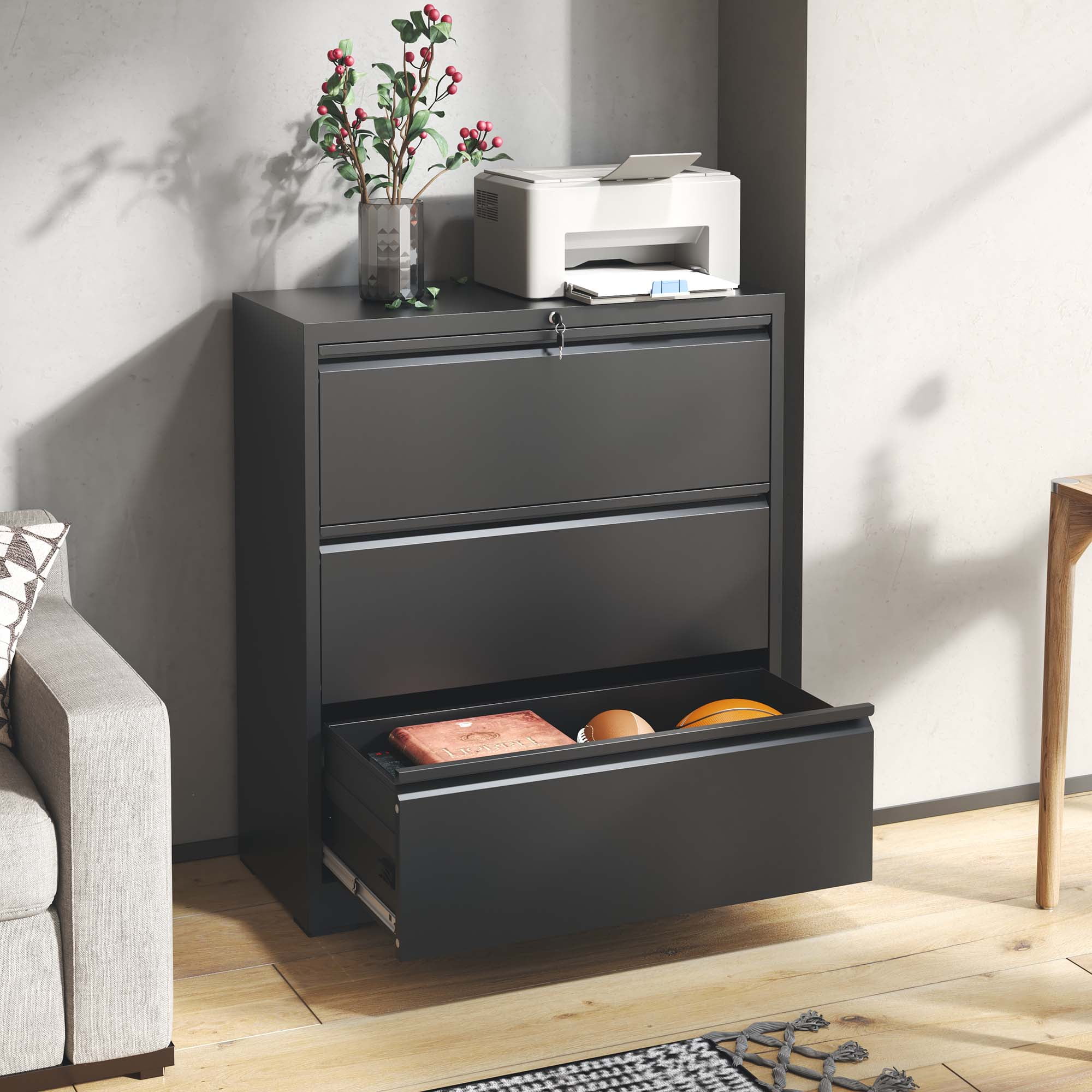 IKIMI 3-Drawer Lockable Lateral File Cabinet, Metal Storage for Legal ...