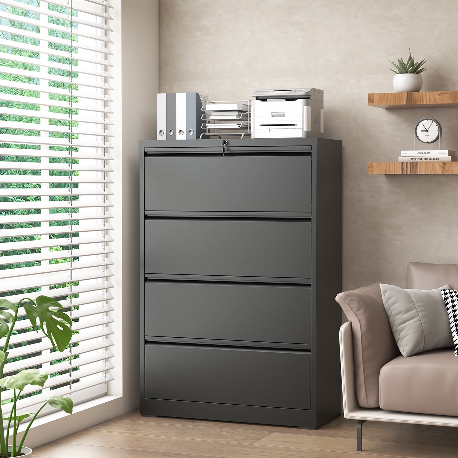 "IKIMI 4 Drawer Locked File Cabinet, Black Steel Cabinet for A4, Letter ...