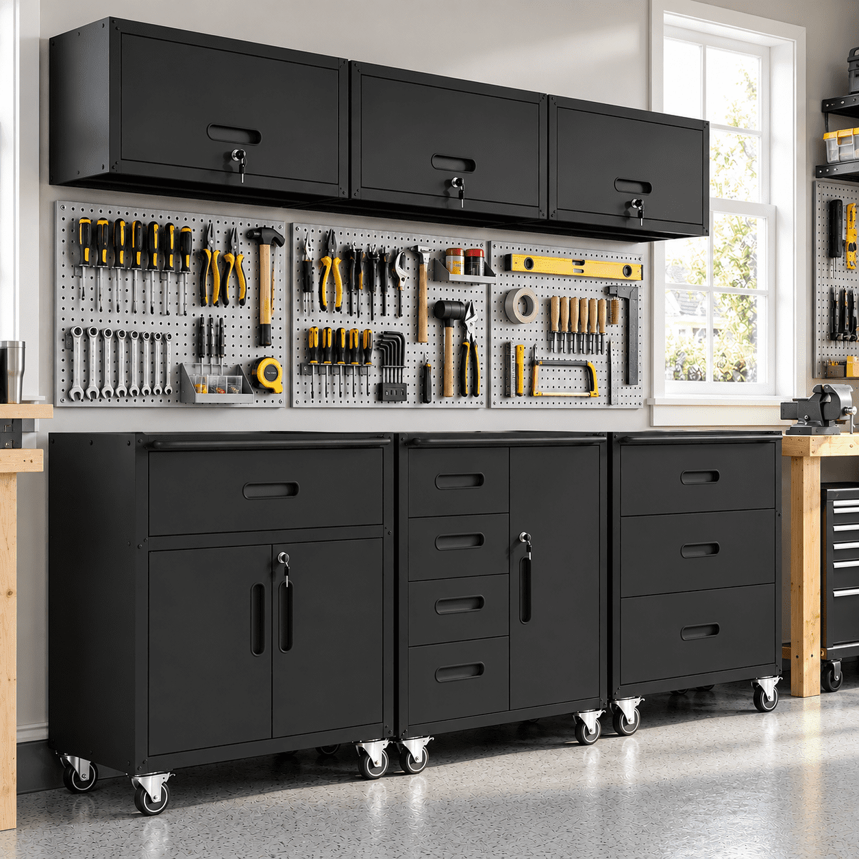 IKIMI 6-Piece Heavy Duty Garage Cabinet System with Workbench, Lockable ...