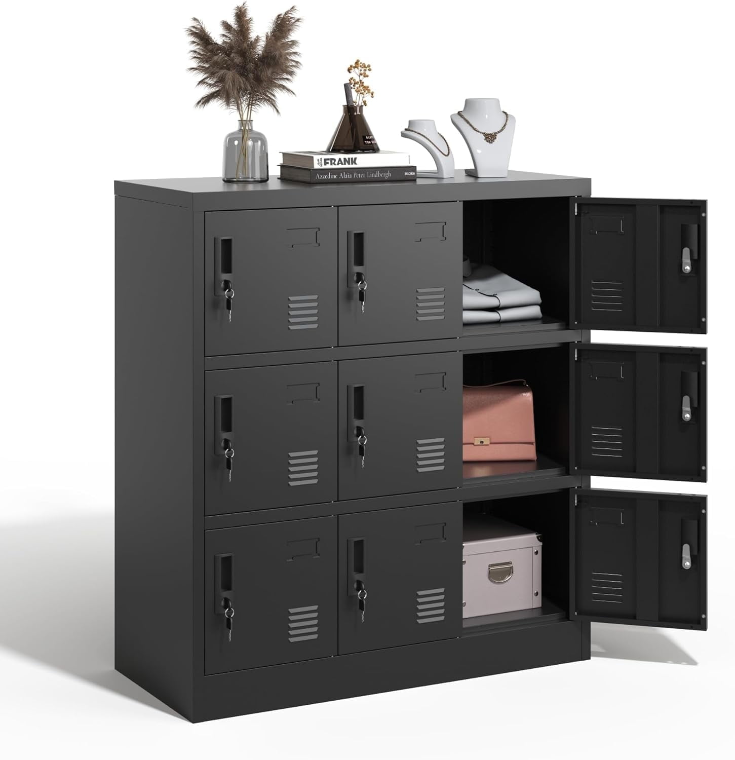 IKIMI 9-Door Metal Storage Locker, Black, with Lock for Office, Gym ...