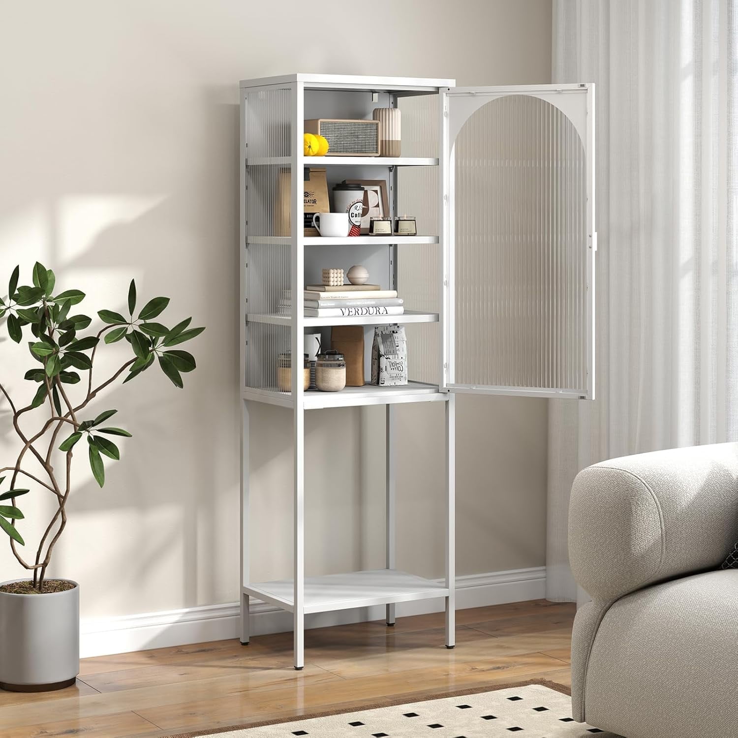 IKIMI Metal Glass Door Display Storage Cabinet - 5-Tier Cube Bookshelf Storage Cabinet with 3 ...