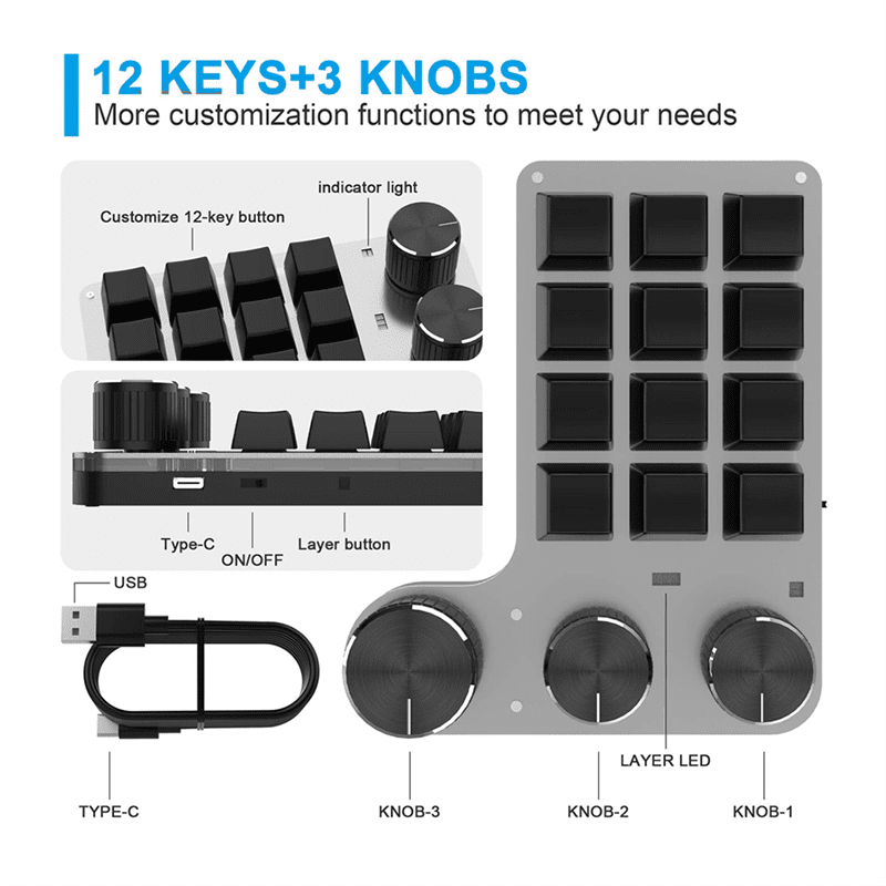 IMCBSTT Programmable DIY Mechanical Keyboard RGB 12 Keys 3 Knob Custom ...