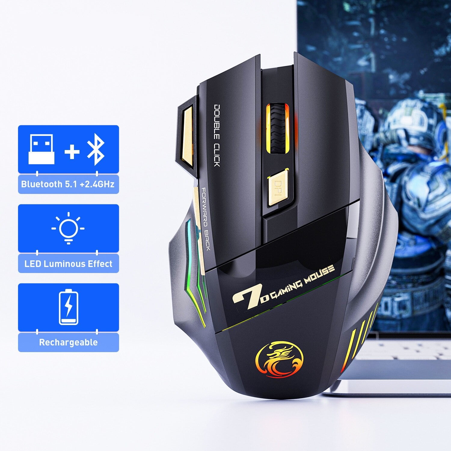 IMICE GW-X7 Wireless Gaming Mouse, 3200DPI, Bluetooth/2.4G, 7 Buttons ...