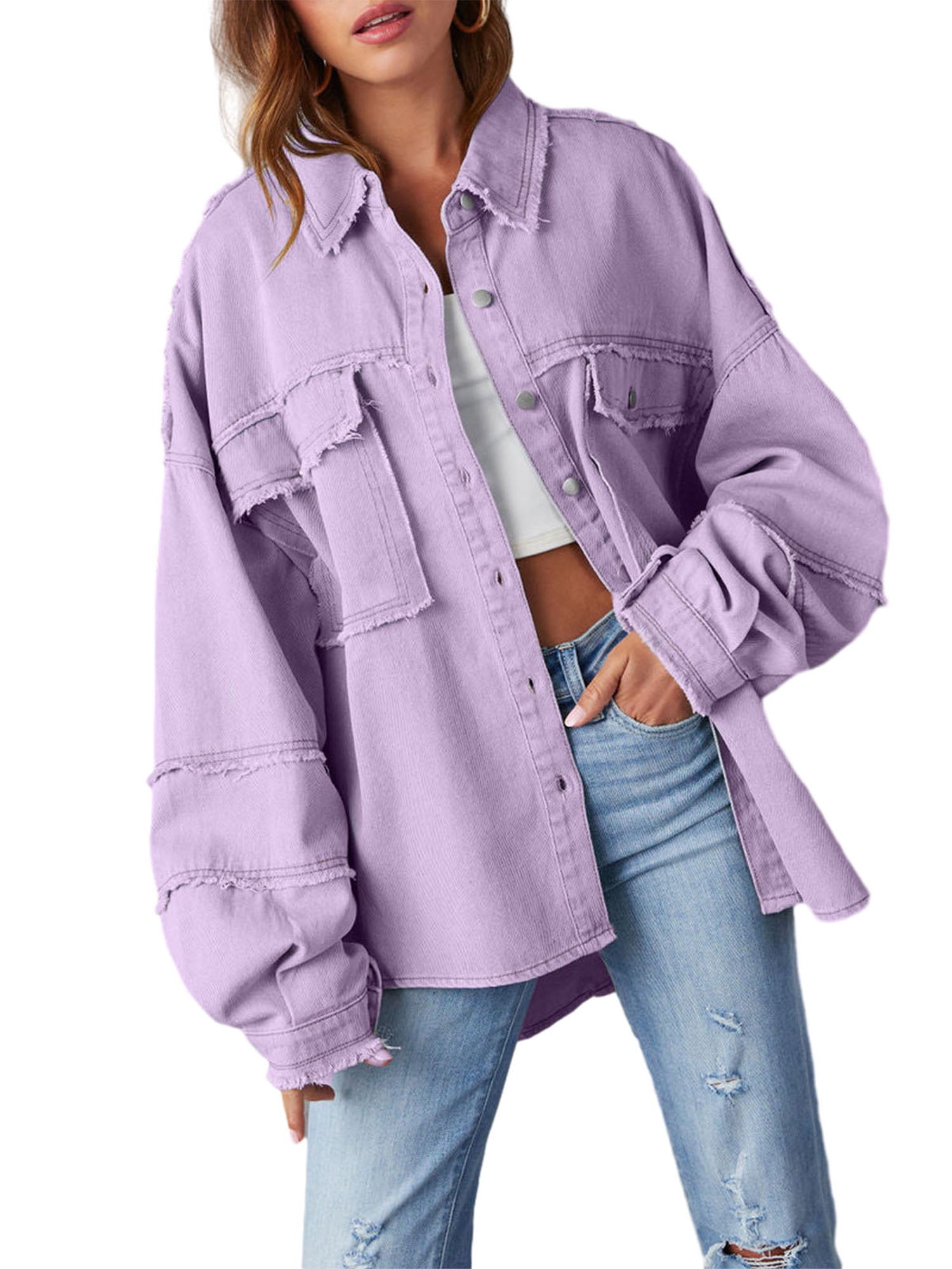IMISSILLEB (S-XXL) Women's Oversized Denim Jacket Turn Down Collar Long ...