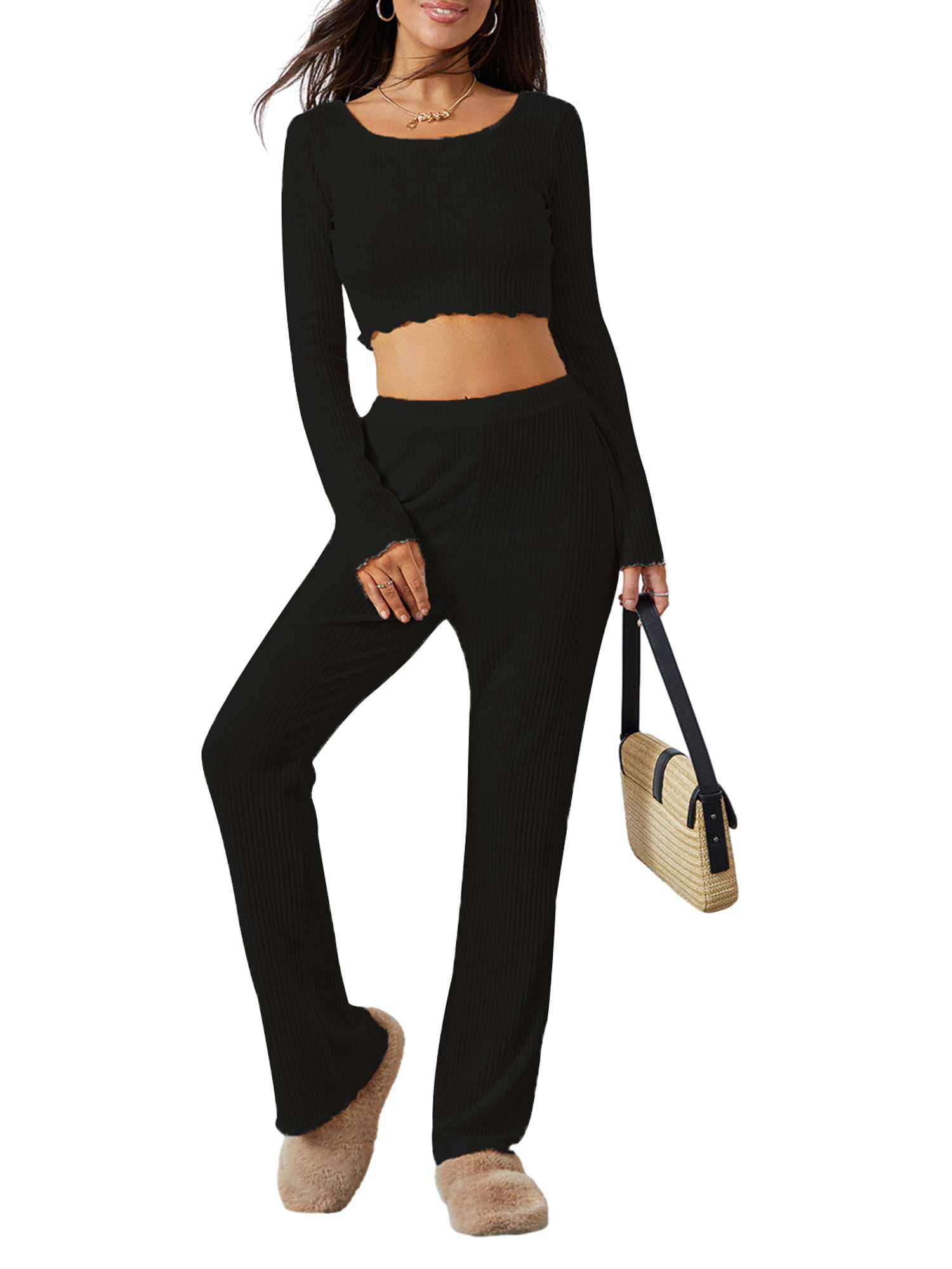 IMISSILLEB Scoop Neck Crop Tops and Pants Set For Women Two Piece ...