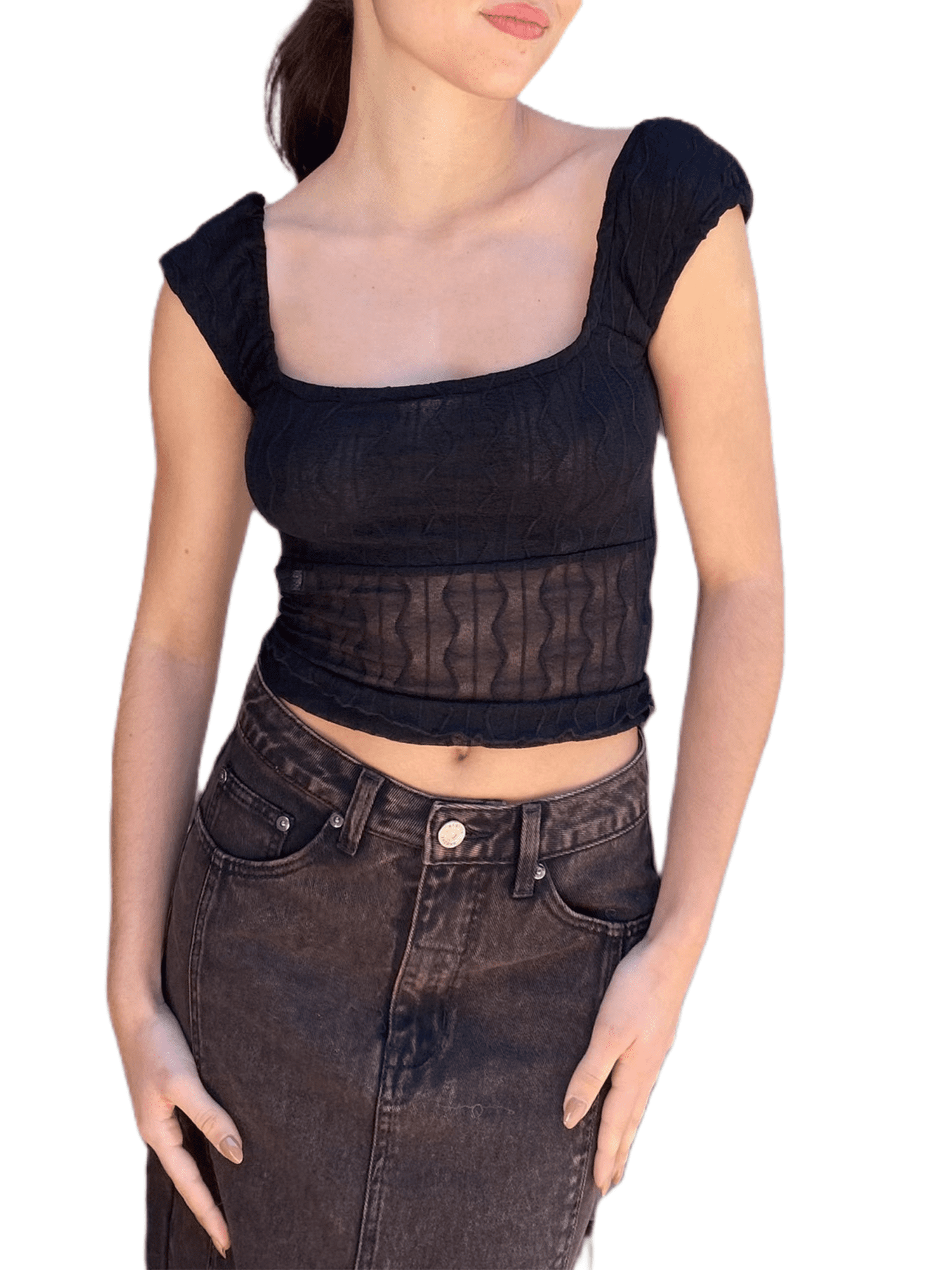 IMISSILLEB Women Cap Sleeve Crop Tops Textured Sheer Mesh Square Neck ...