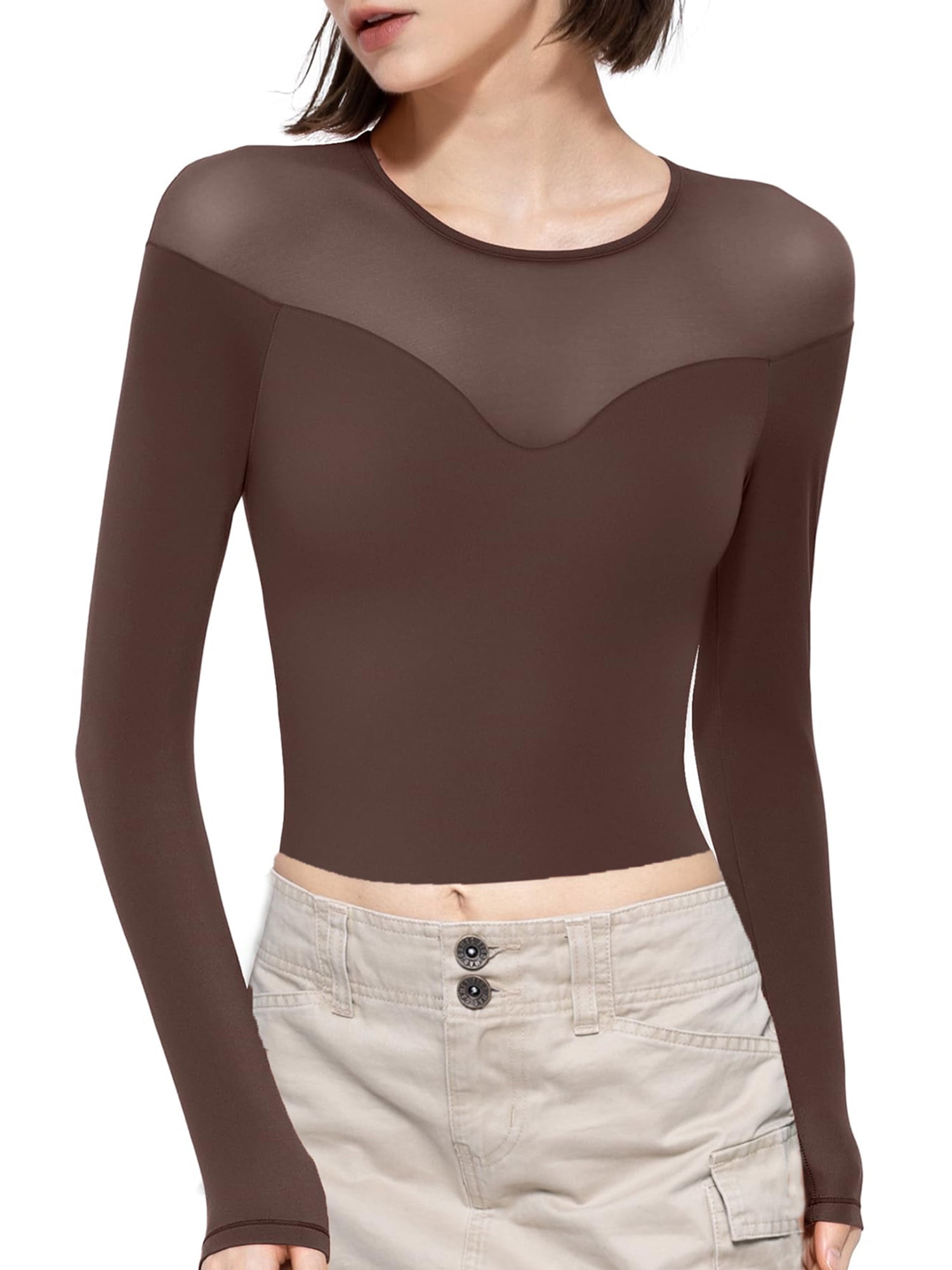 IMISSILLEB Women Cozy T-shirt Long Sleeve Crew Neck See-through ...