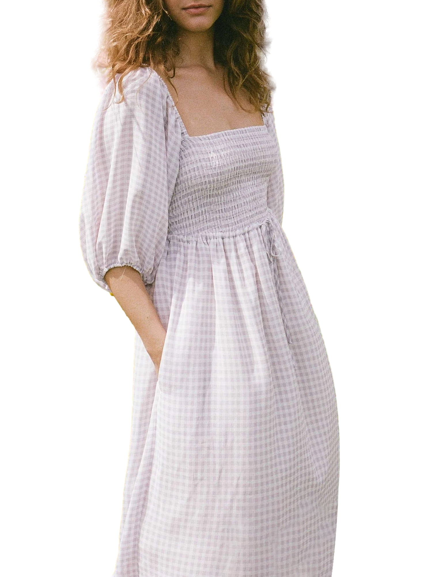 IMISSILLEB Women Puffed Sleeve Dress Casual Summer Plaid/Floral Print Square Neck Drawstring ...