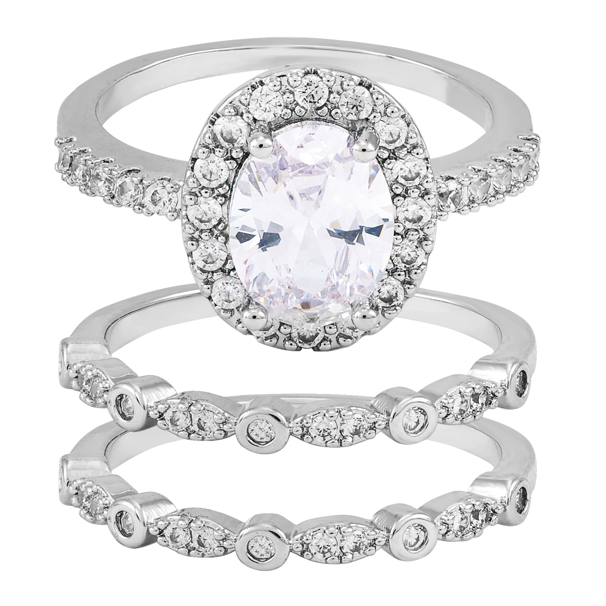 IMITATION RHODIUM PLATE OVAL ENGAGEMENT RING WITH MATCHING STONE BAND ...