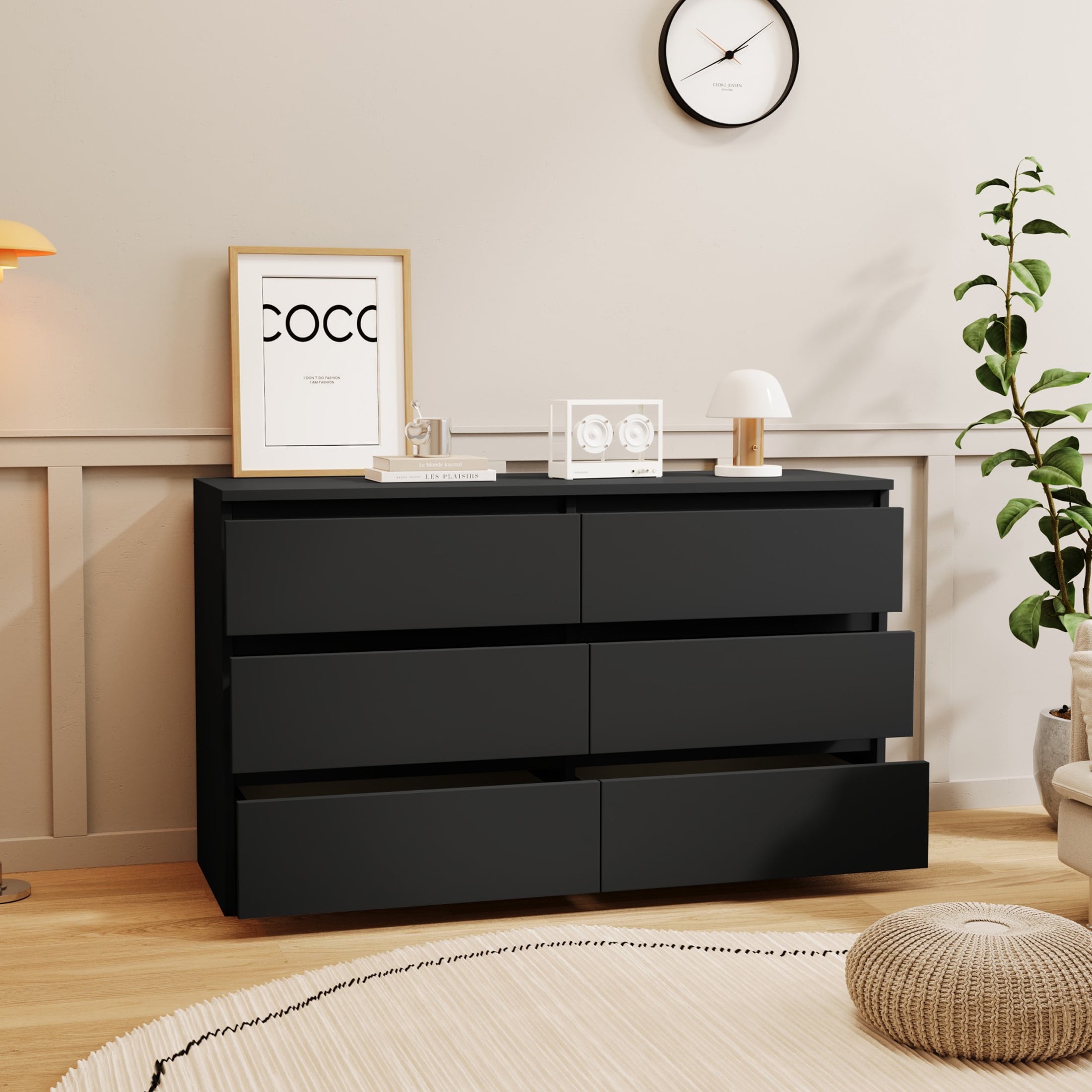 IMKHK 6 Drawer Double Dresser with Cutout Handles, 47.2" Wooden Storage ...