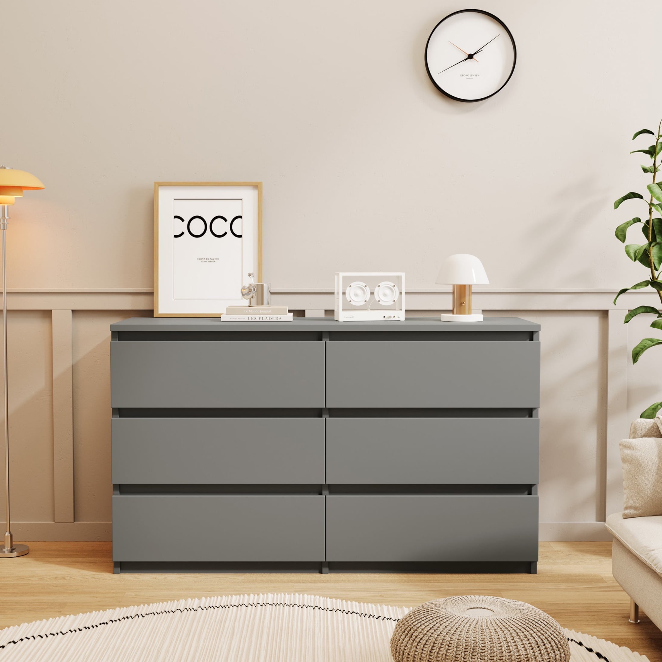 IMKHK 6 Drawer Double Dresser with Cutout Handles, 47.2" Wooden Storage ...