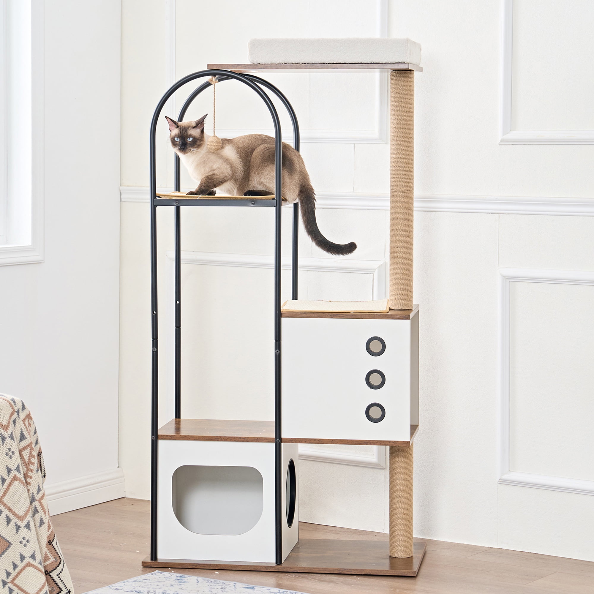 IMKHK 60" Cat Tree for Kittens and Medium Cats, Wooden Indoor Cat Tower ...