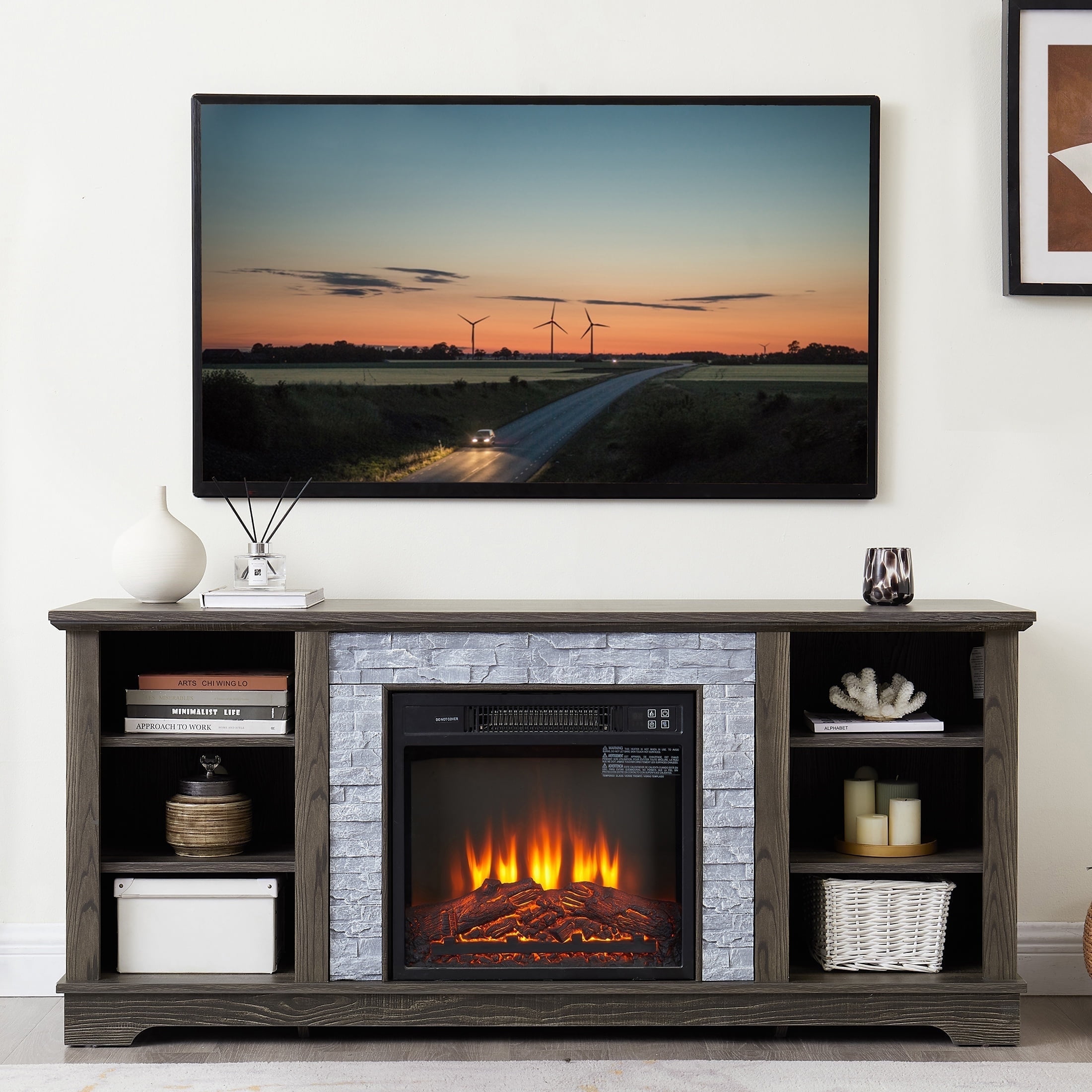IMKHK Electric Fireplace TV Stand for 65" TVs, Farmhouse Entertainment ...