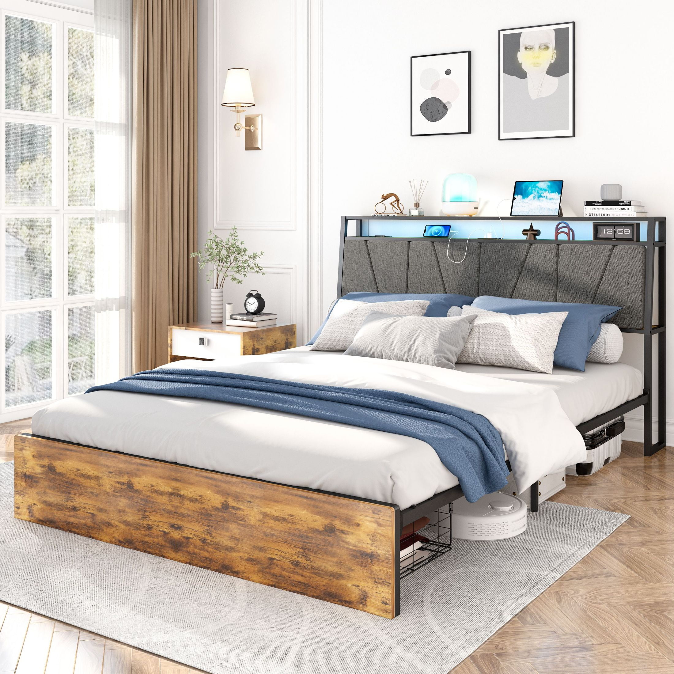 IMKHK LED Full Size Bed Frame, Metal Platform Bed Frame with Storage ...