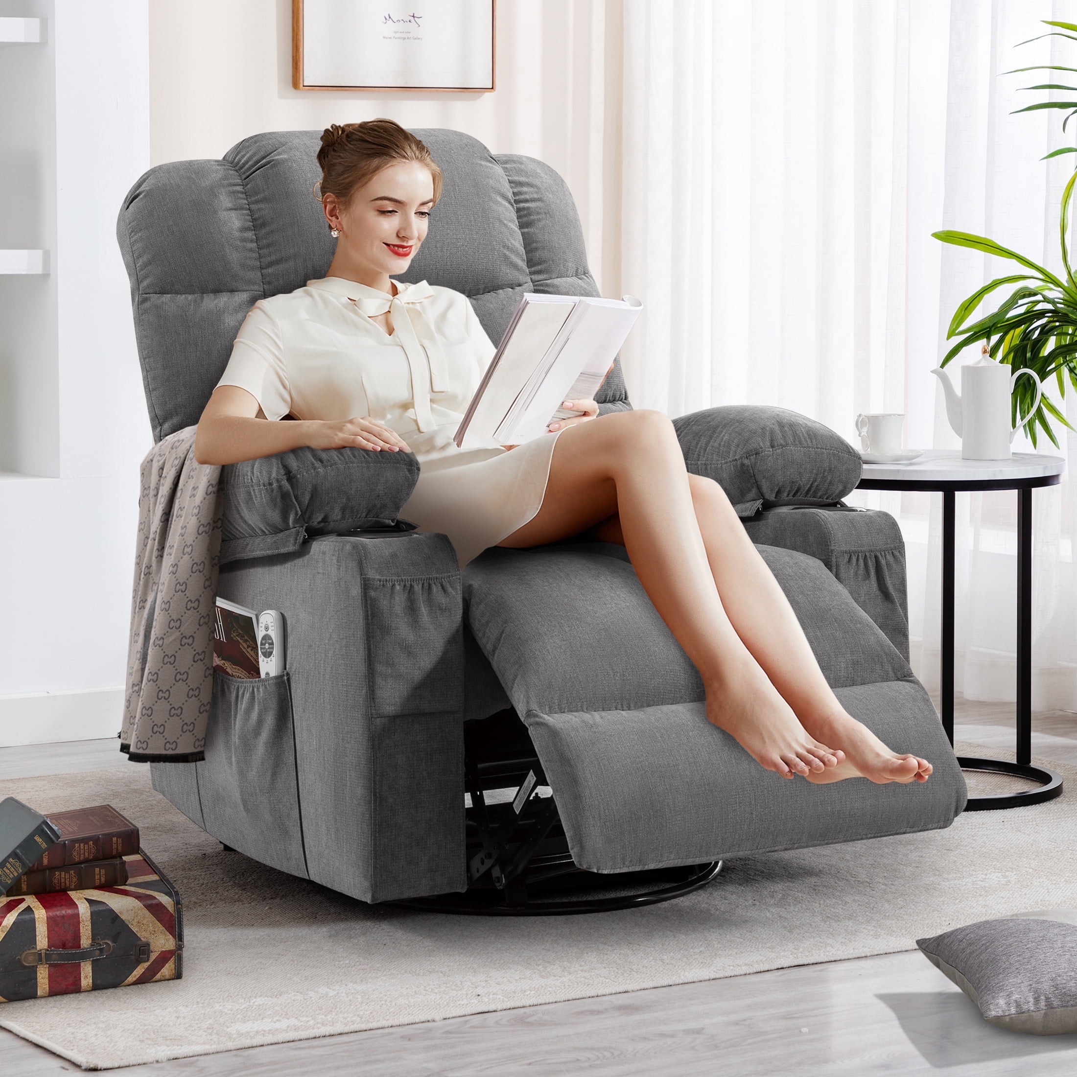 IMKHK Swivel Rocker Recliner Chair with Heat and Vibration Massage, Manual Fabric Lounge Chair ...