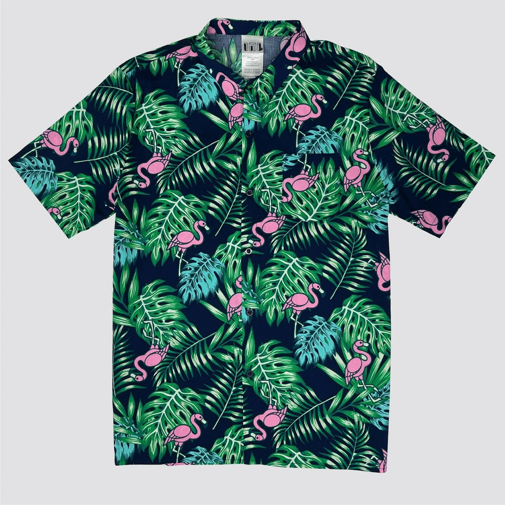 IML Men's Flamingo and Palm Print Button-Down Shirt - Dark Blue, Small ...