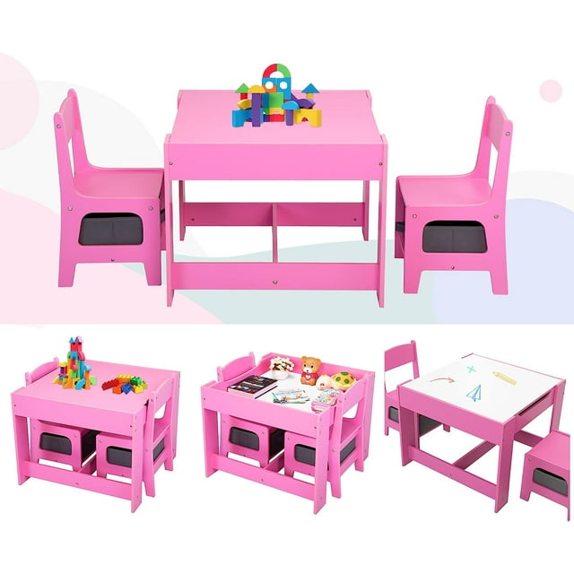 IMMERE 3-in-1 Kids Wood Table and 2 Chairs, Children Activity Table Set ...