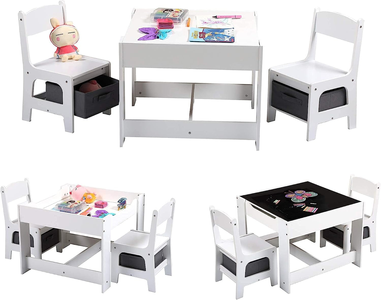 IMMERE Kids Table & 2 Chairs Set,3 in 1 Wooden Children Activity Table ...