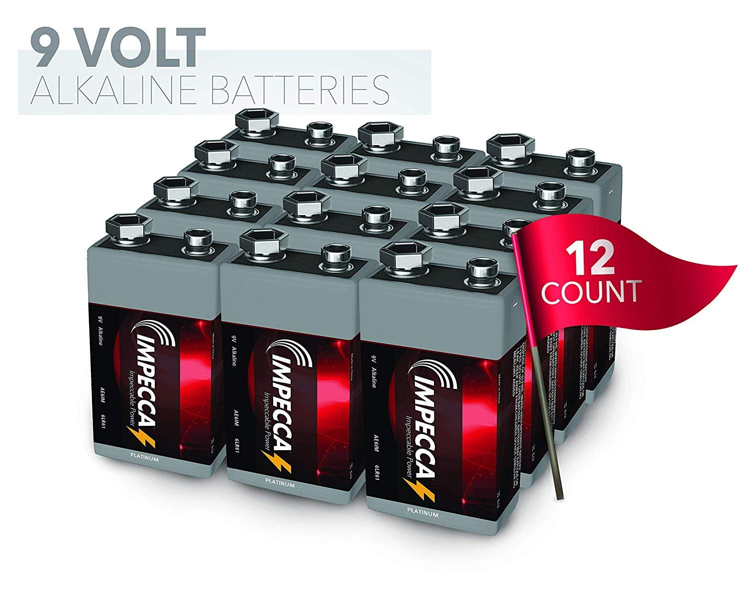 IMPECCA 9 Volt Batteries (12 Count) High Performance 9V Alkaline ...