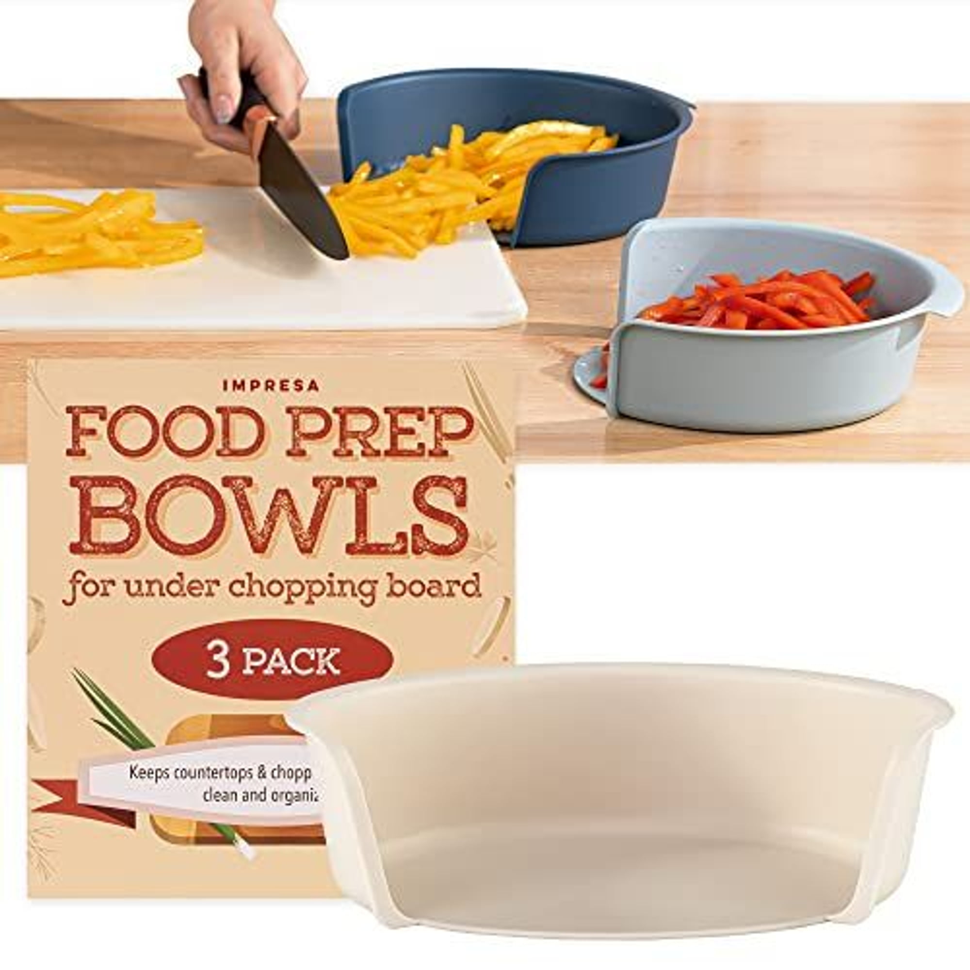 IMPRESA [3 Pack] Food Prep Bowls for Under Chopping Board - Plastic ...