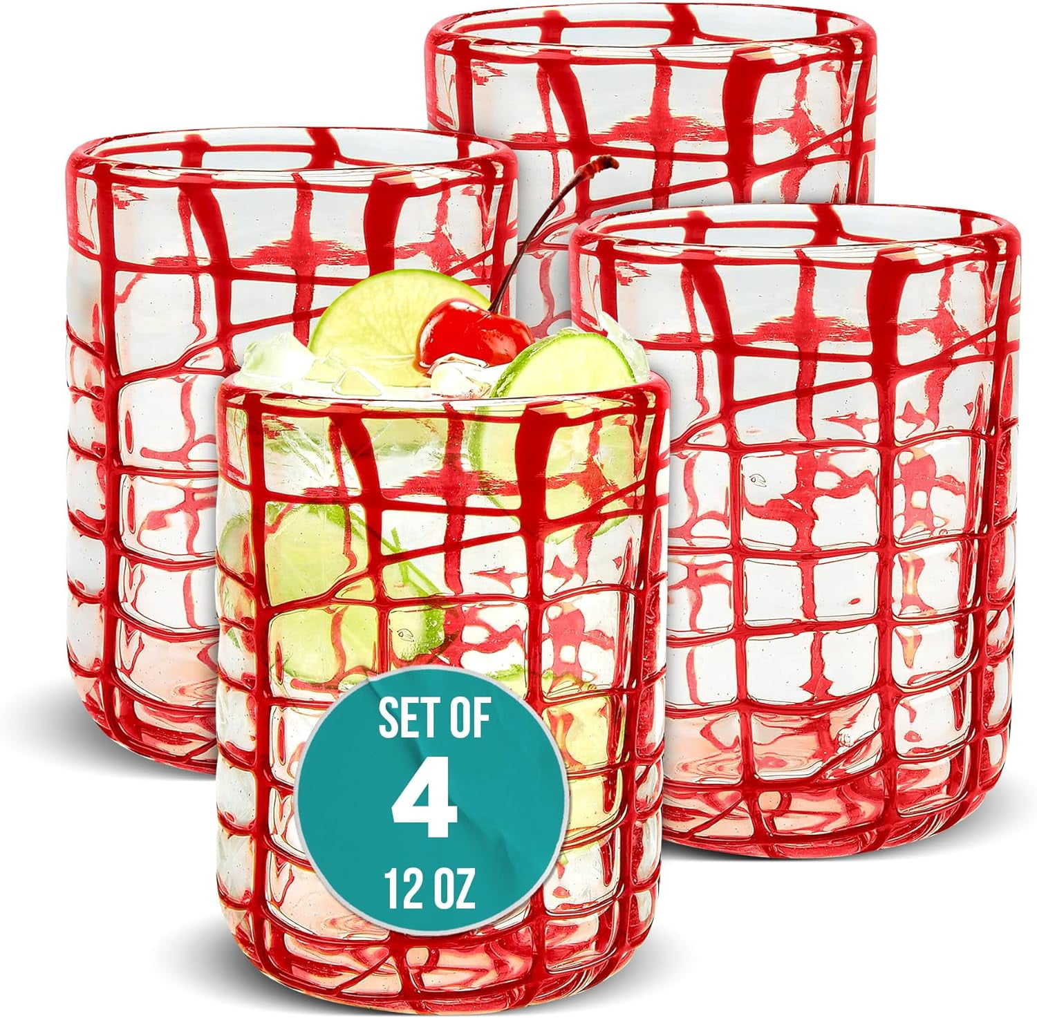 IMPULSE! Checkered Abstract Red Drinking Glasses Set of 4 - Classic Old Fashioned, Negroni ...