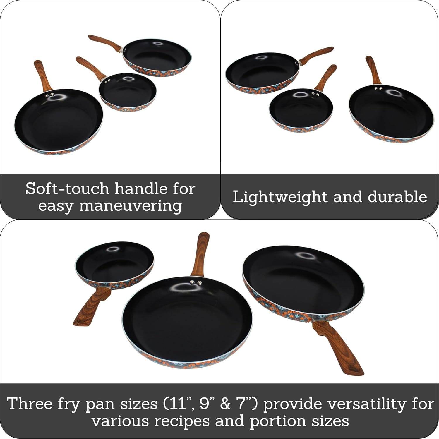 IMUSA Nonstick Ceramic Cookware Set 3-Piece 7in/9in/11in, with Soft ...