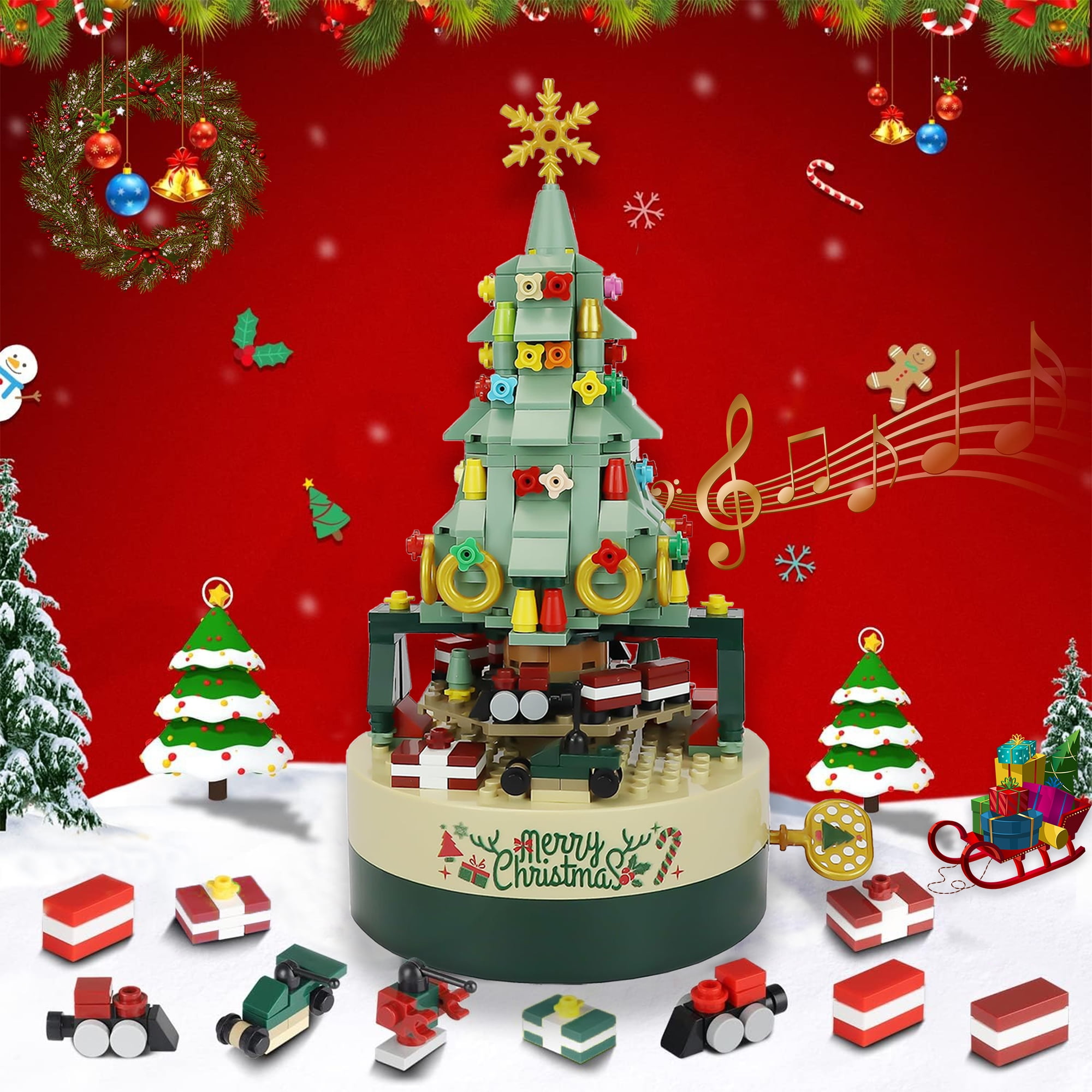 IMVE Christmas Tree Building Block Kit Wind-Up Music Box, Christmas ...