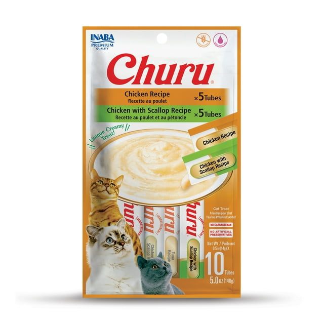 INABA Churu Creamy, Lickable Purée Cat Treat w Taurine, 0.5 oz, 10 Tubes (2 Flavor), Chicken ...