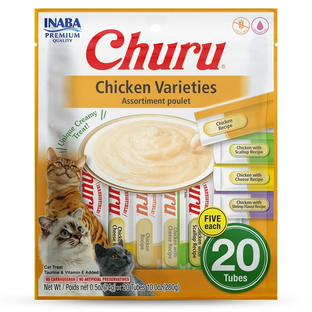 INABA Churu Creamy, Lickable Purée Cat Treat with Taurine, 0.5 oz, 20 Tubes, Chicken Variety ...
