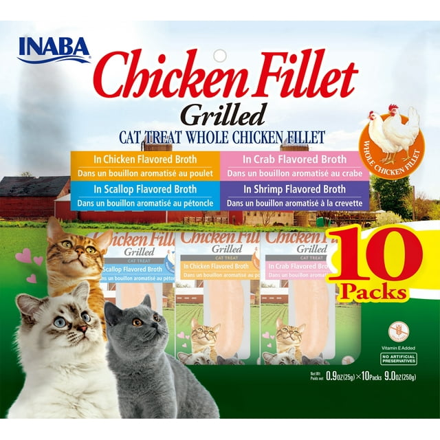 INABA Premium Hand-Cut Grilled Chicken Fillet Cat Treats w Vitamin E, 0.9 oz, 10-Pack, Variety ...