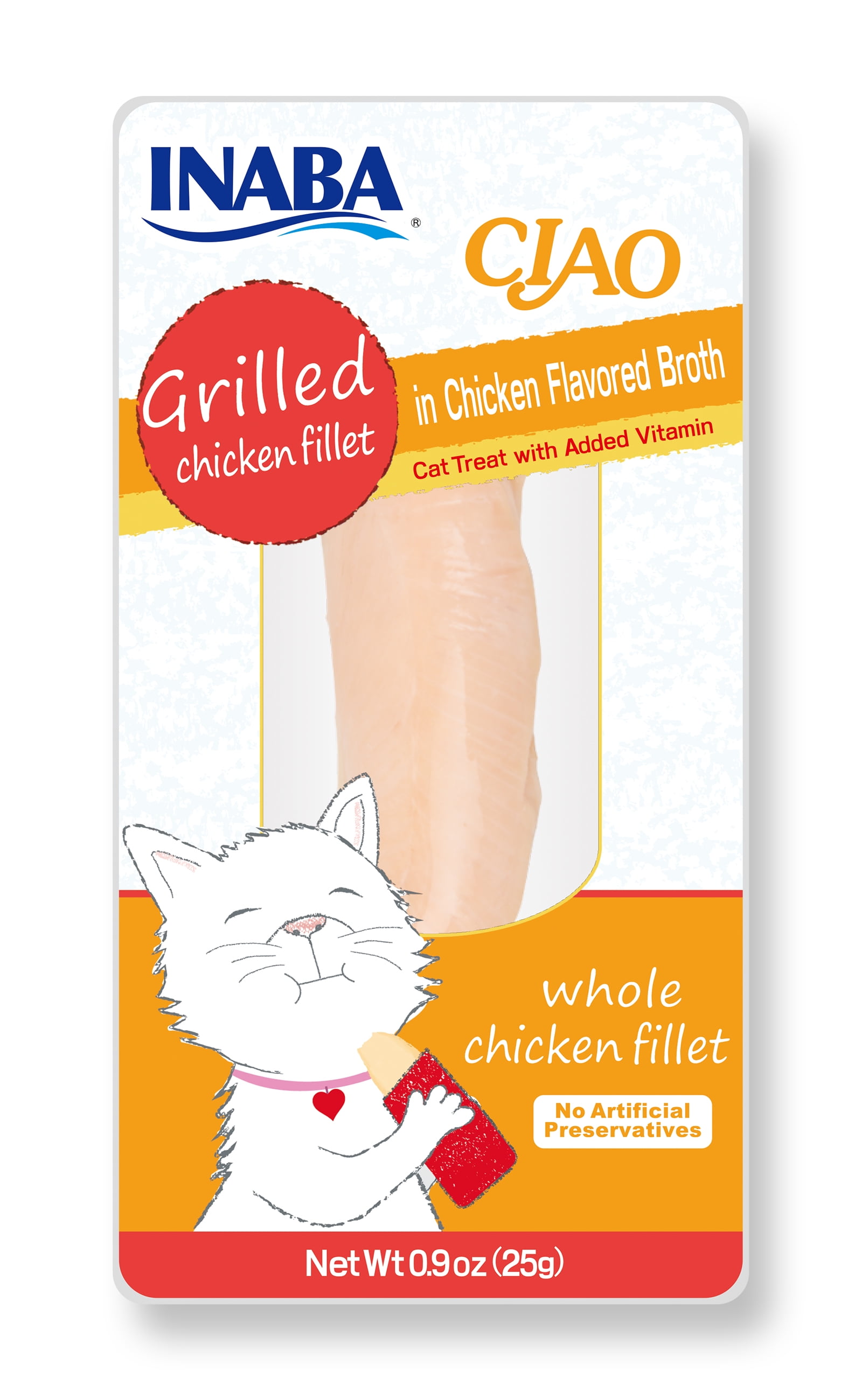INABA Premium Hand-Cut Grilled Chicken Fillet Cat Treats w Vitamin E, 0.9 oz, 6-Pack, Chicken ...