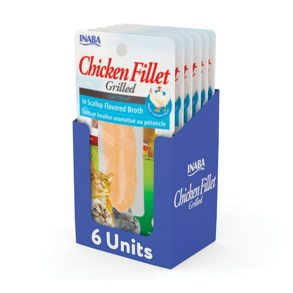 INABA Premium Hand-Cut Grilled Chicken Fillet Cat Treats w Vitamin E, 0.9 oz, 6-Pack, Scallop ...