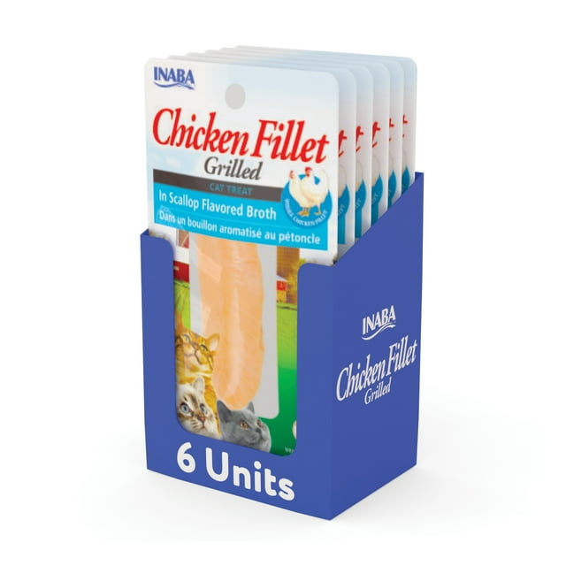 INABA Premium Hand-Cut Grilled Chicken Fillet Cat Treats w Vitamin E, 0.9 oz, 6-Pack, Scallop ...