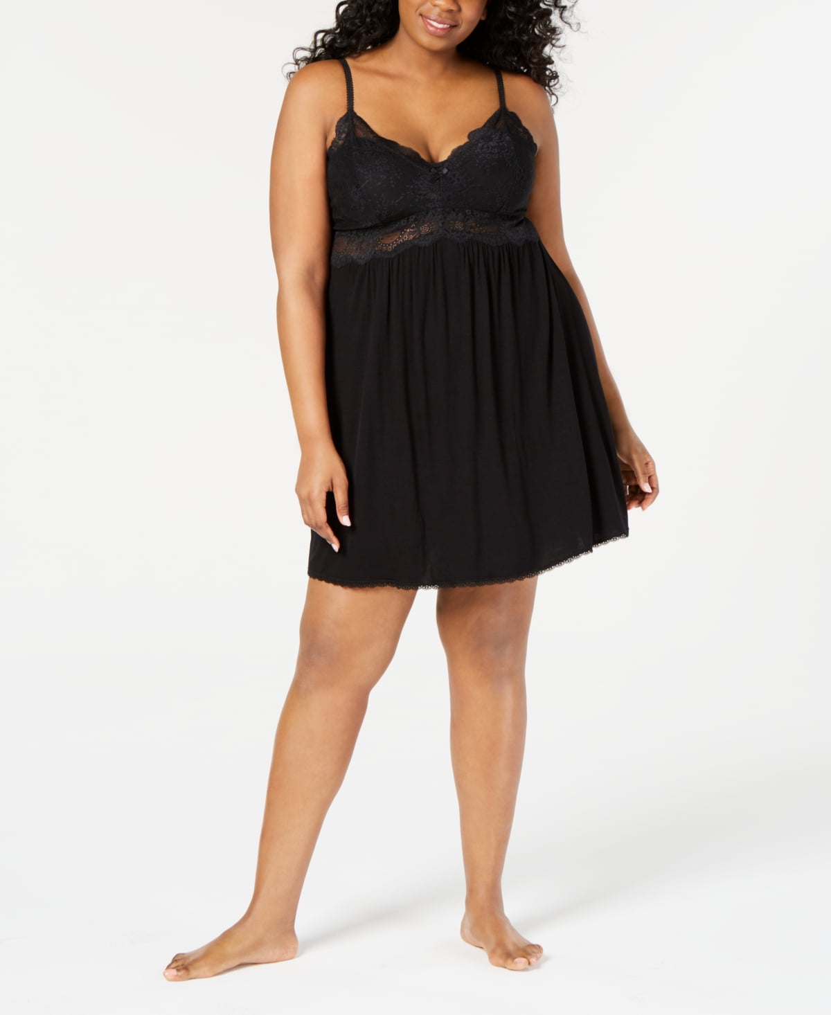 INC Concepts Women's Lace-Trim Sleep Knit Chemise Night Gown, Black, 2X ...