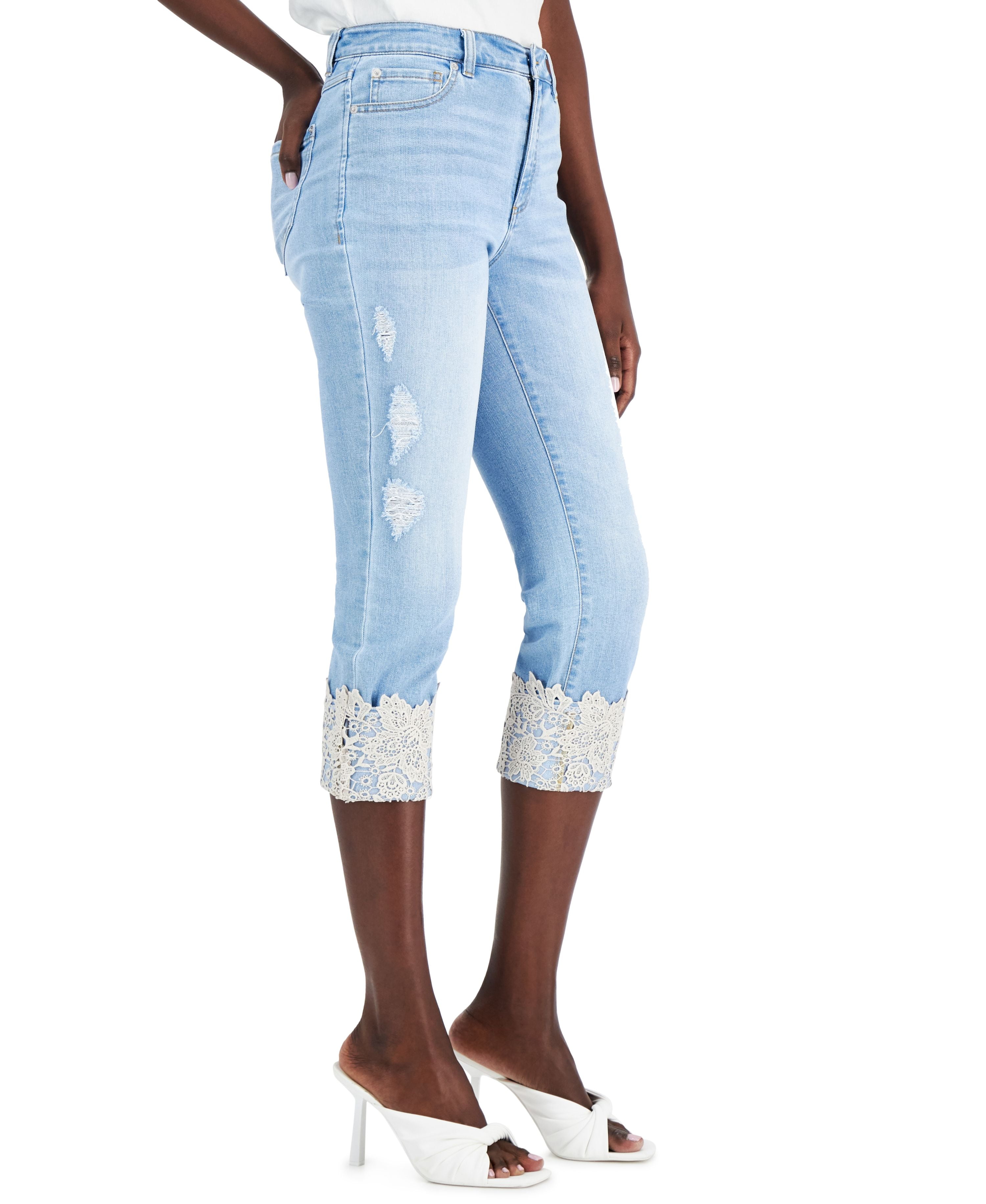 INC International Concepts Petite Distressed Laced Cuff Cropped Denim ...