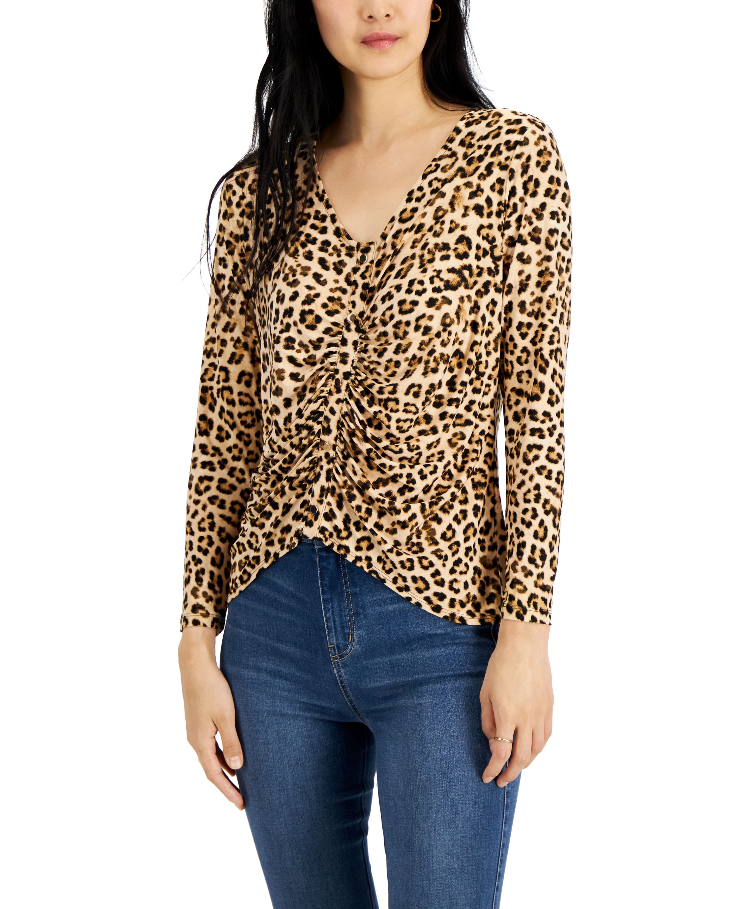 INC International Concepts Petite Print Ruched Top Classic Cheetah PXL ...