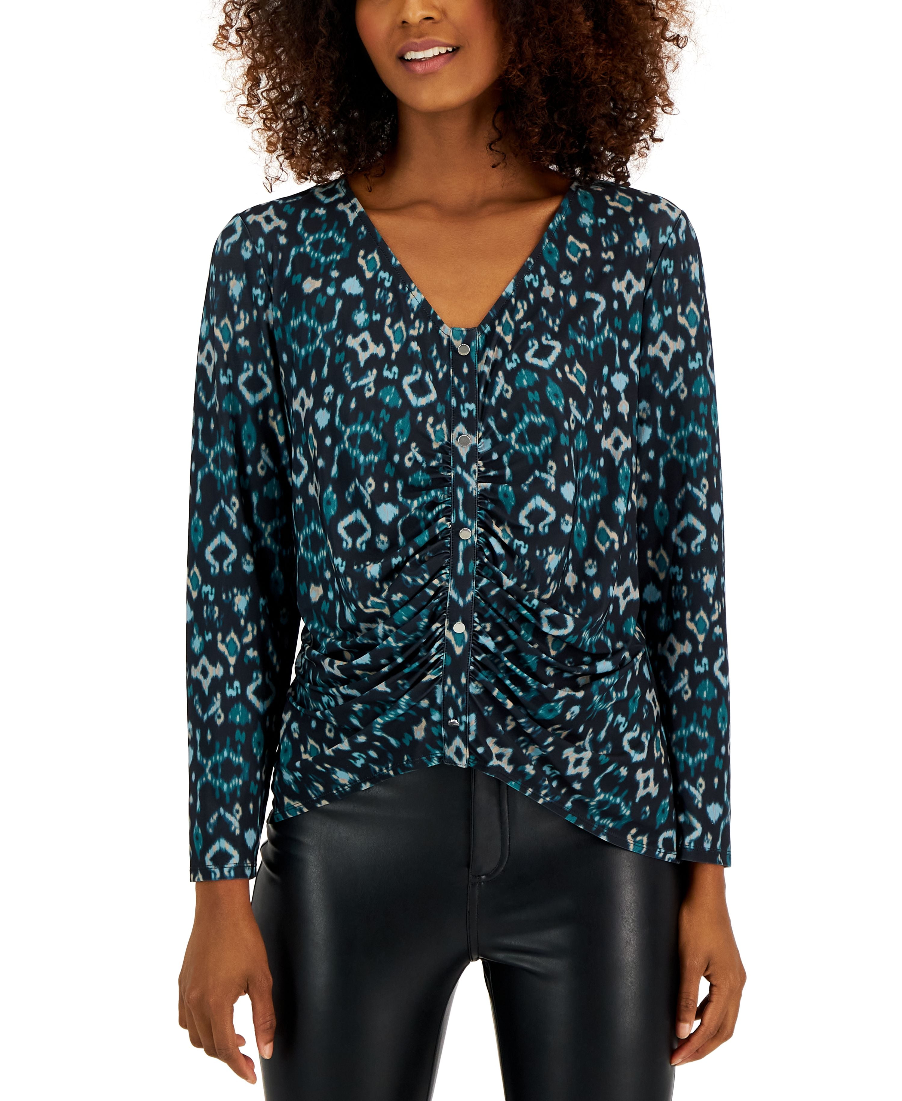 INC International Concepts Petite Printed V Neck Ruched Placket Top Ina ...
