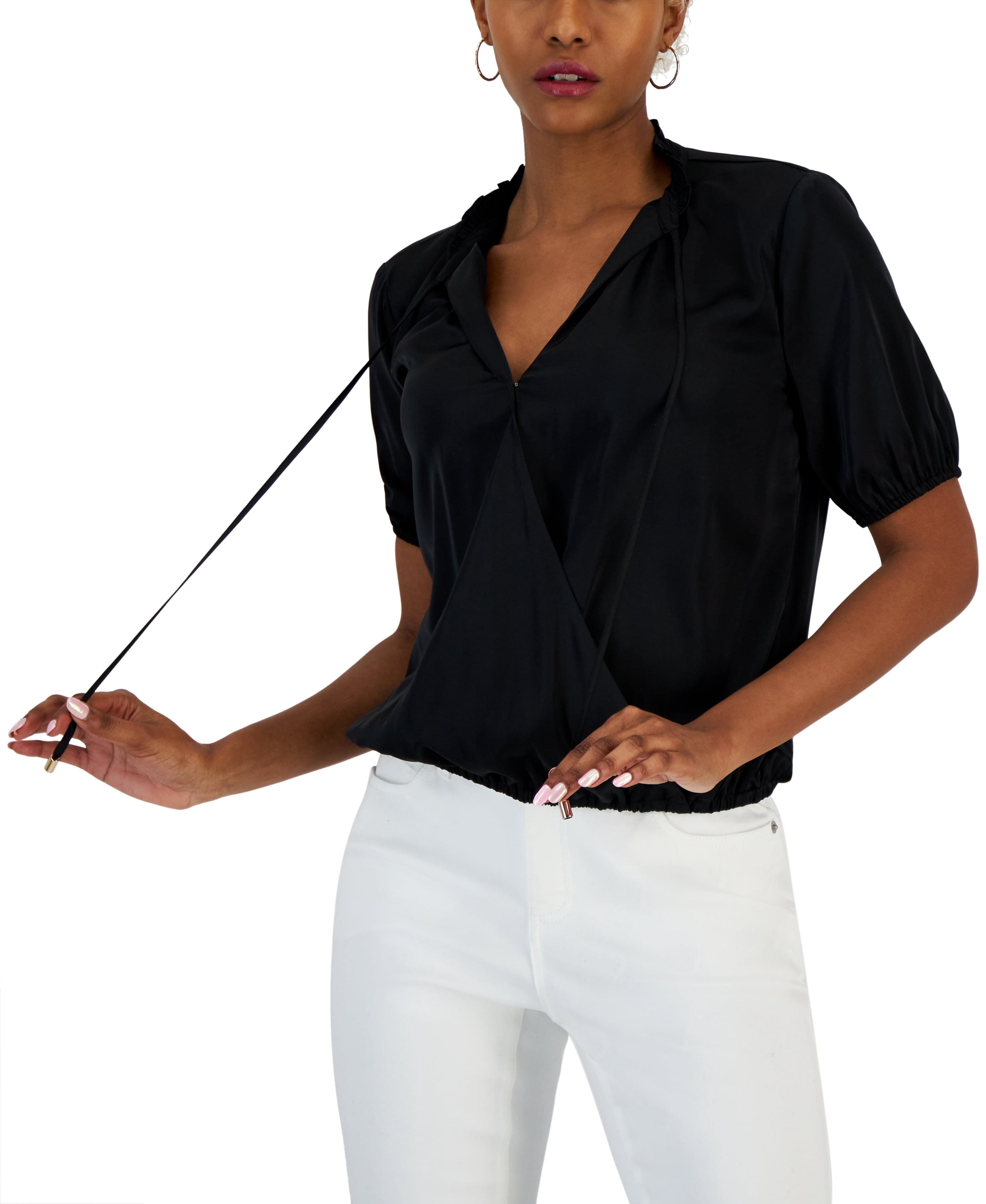 INC International Concepts Women's Surplice Tie-Neck Top Deep Black S ...