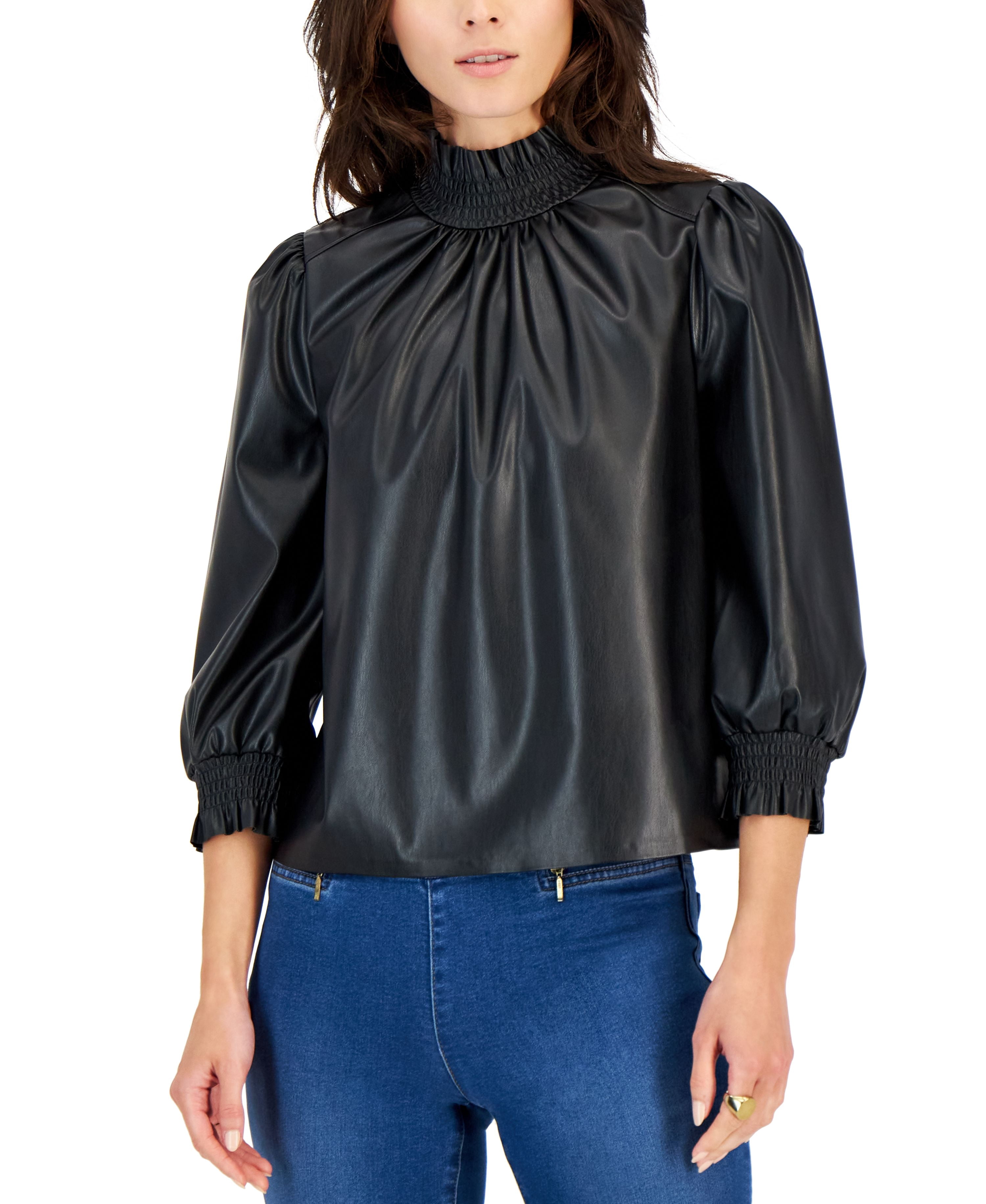 INC International Concepts Womens Faux Leather Smocked Neck Top Deep ...