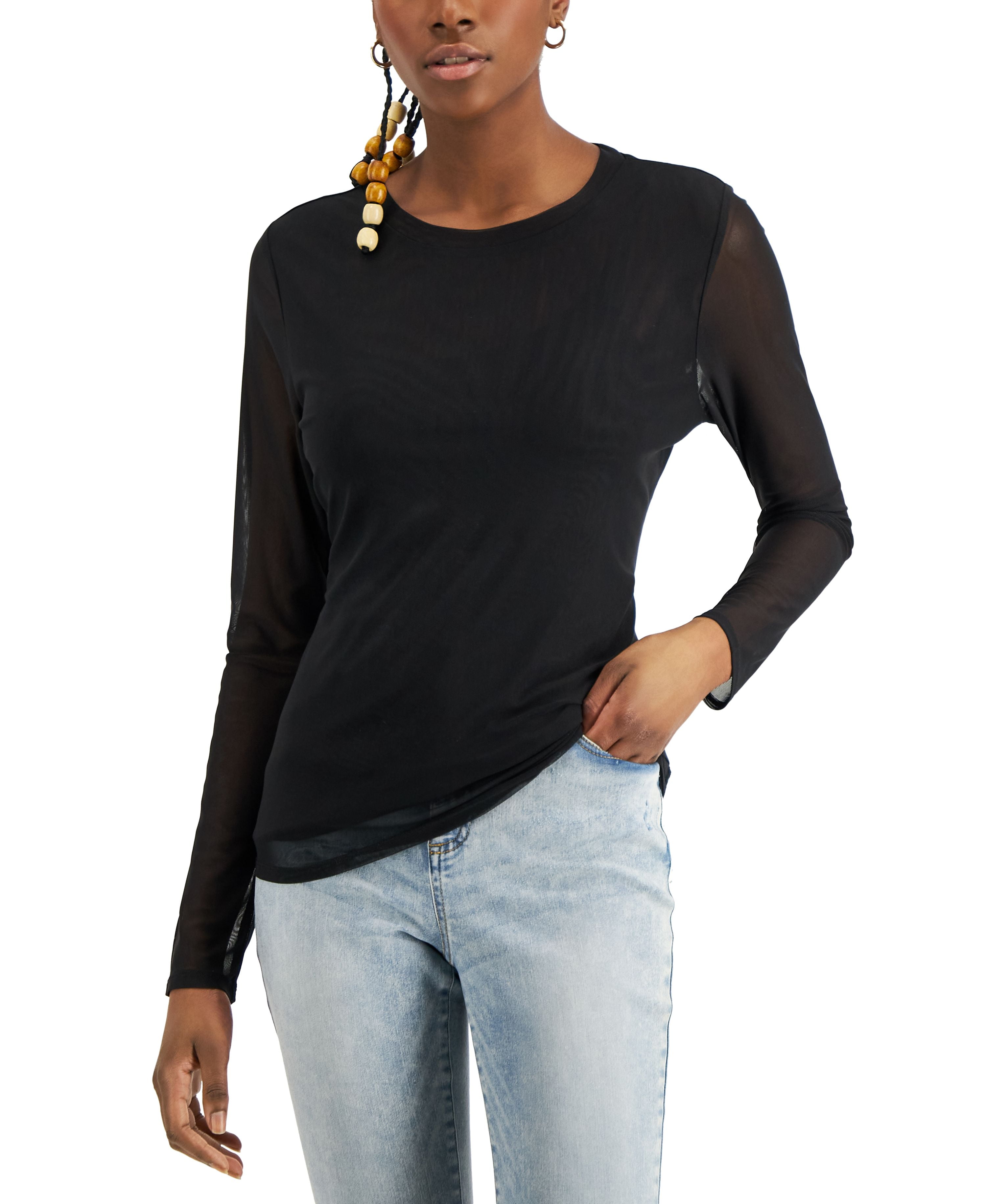 INC International Concepts Womens Mesh Sleeve Top Deep Black XS ...