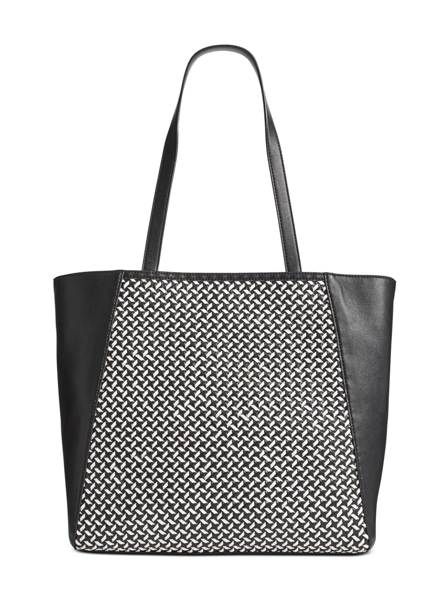 INC Women's Black Leather Woven Double Flat Strap Tote Handbag Purse ...