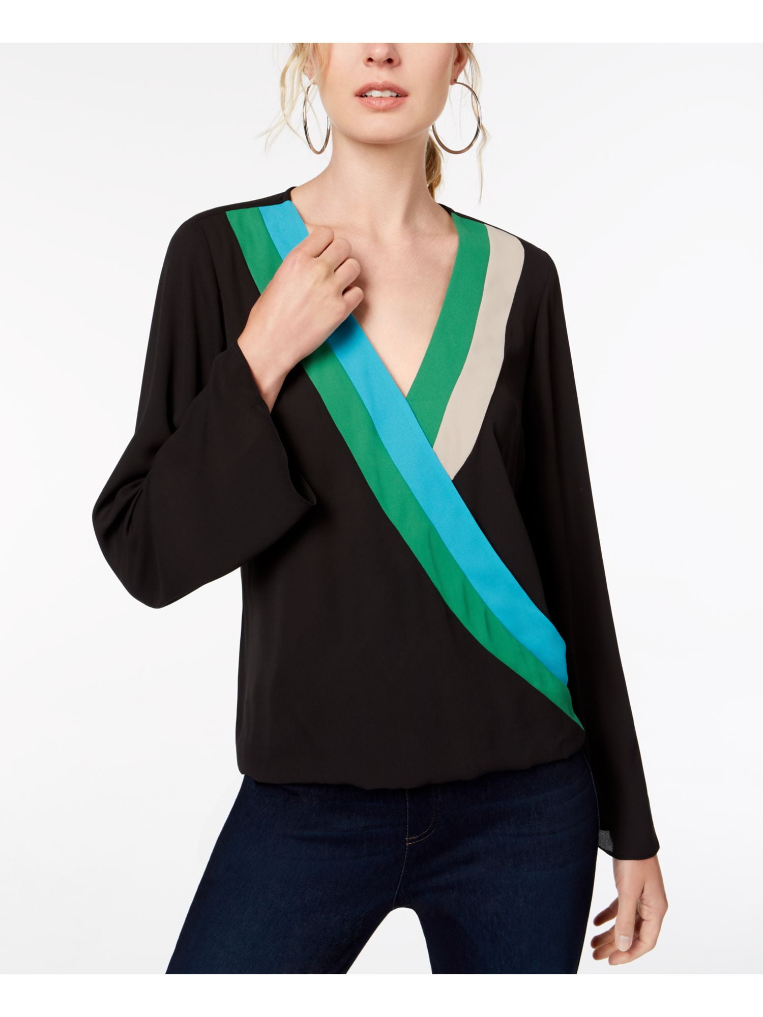 INC Womens Black Color Block Surplice Long Sleeve V Neck Casual Top M ...