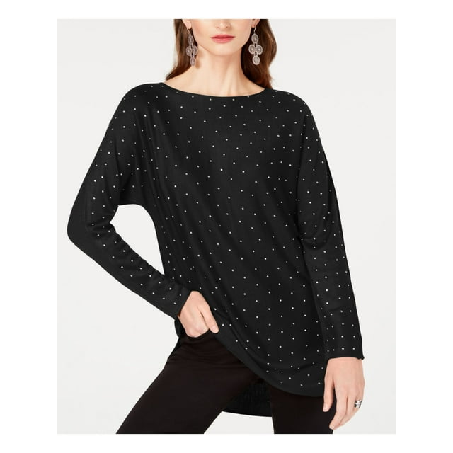 INC Womens Black Embellished Polka Dot Long Sleeve Jewel Neck Hi-Lo ...
