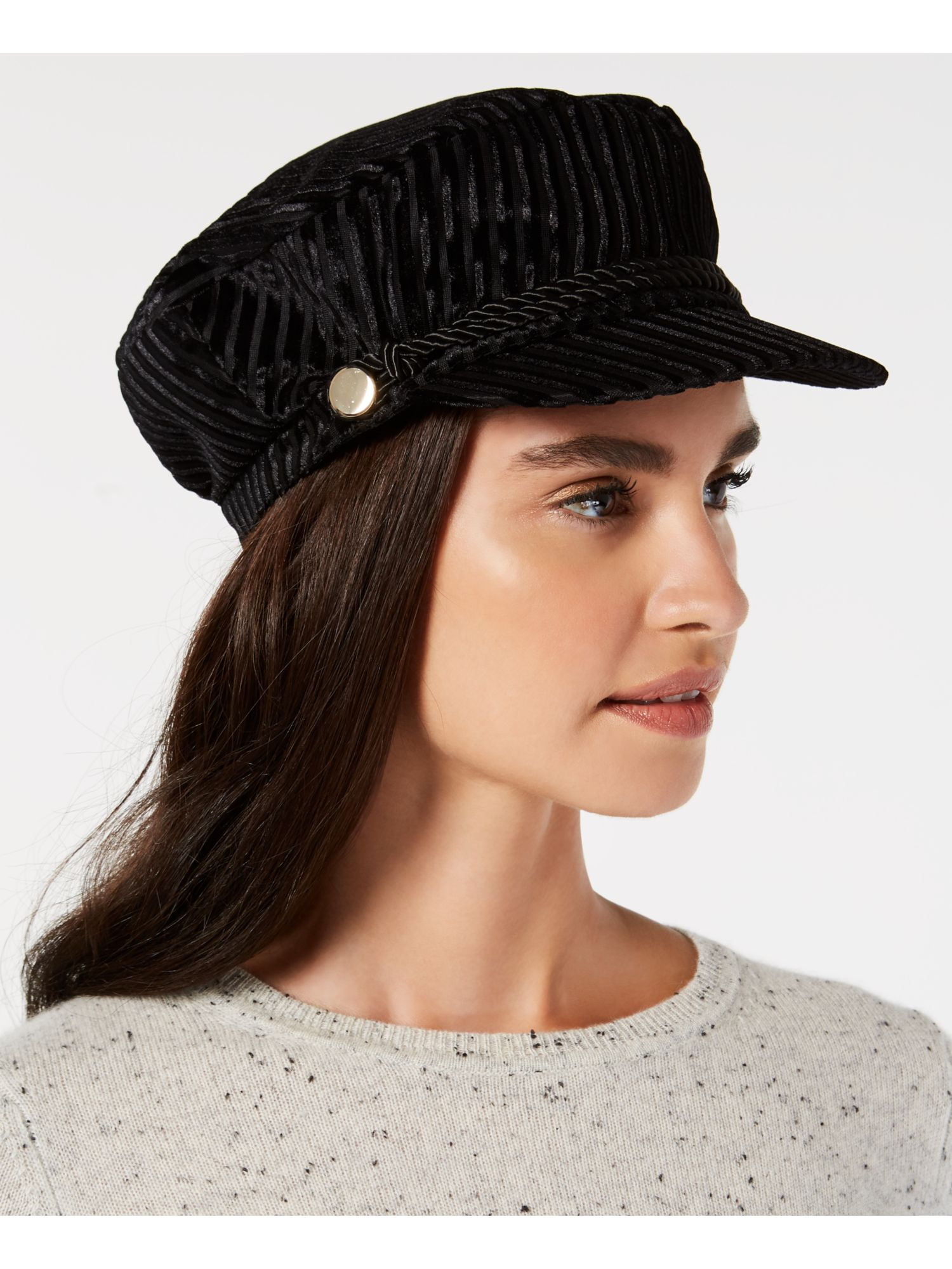 INC Womens Black Striped Polyester Fitted Velvet Corded Accent Newsboy ...