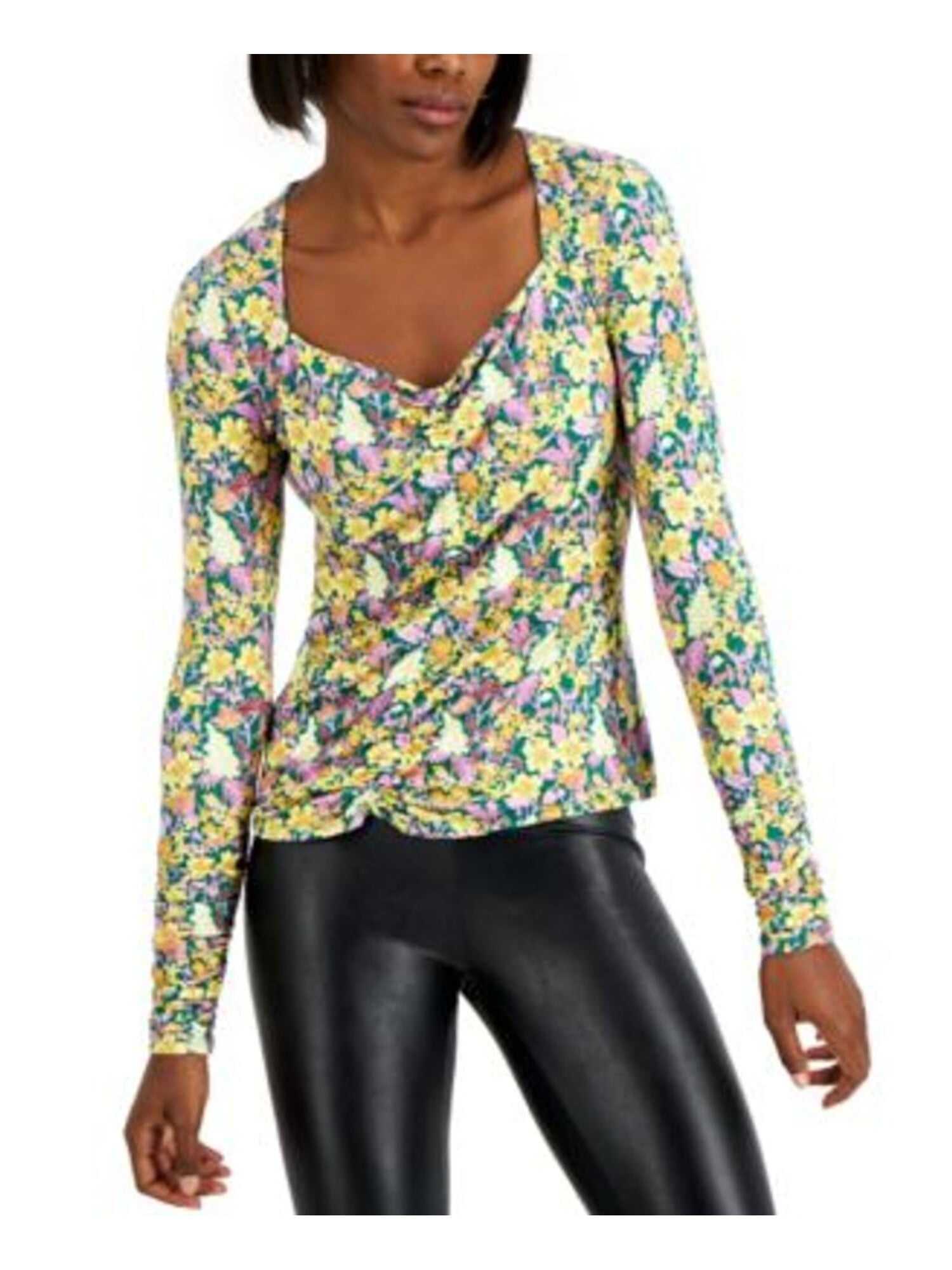 INC Womens Green Stretch Ruched Floral Long Sleeve V Neck Top M ...