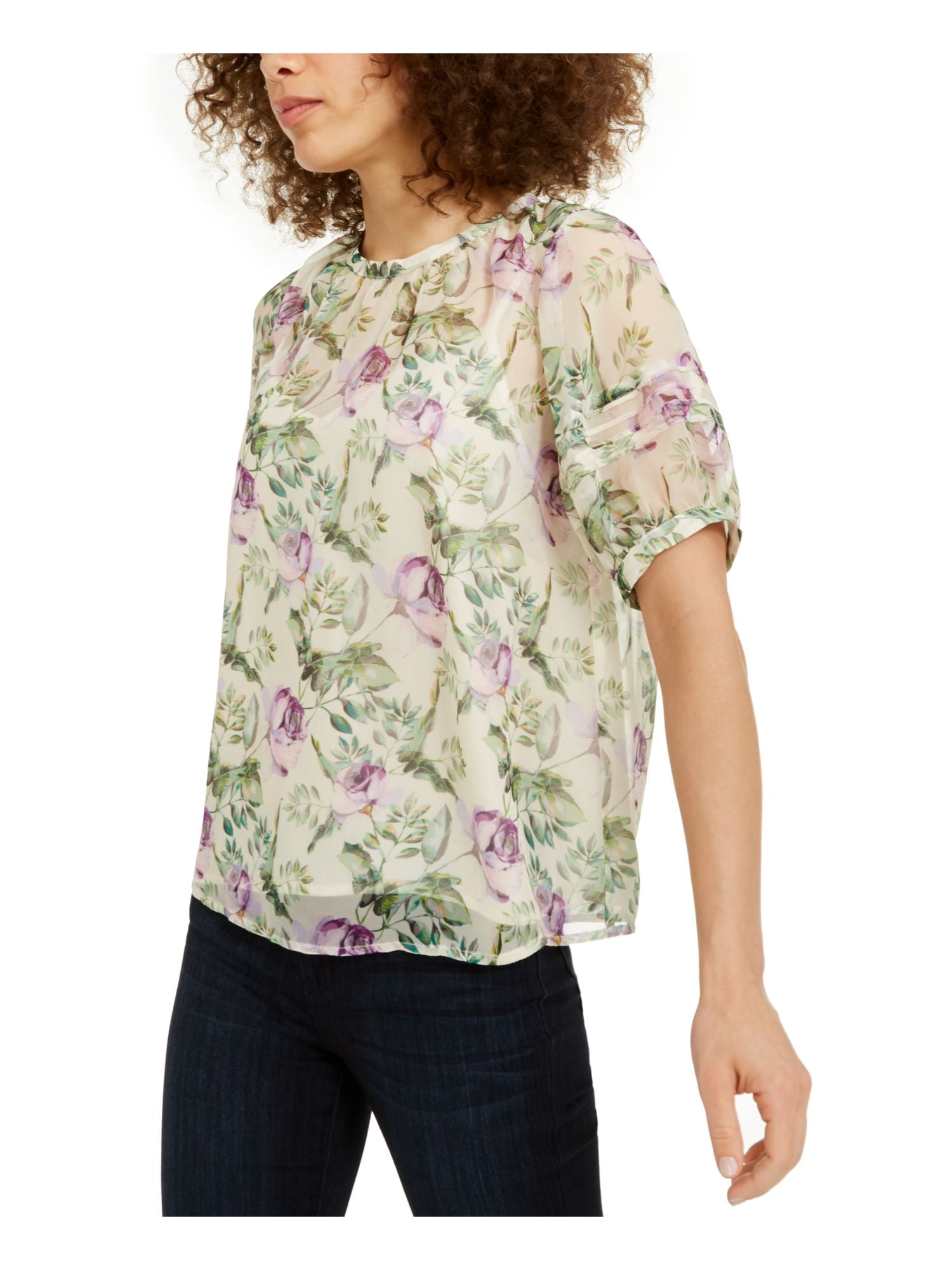 INC Womens Ivory Floral Short Sleeve Jewel Neck Top L - Walmart.com